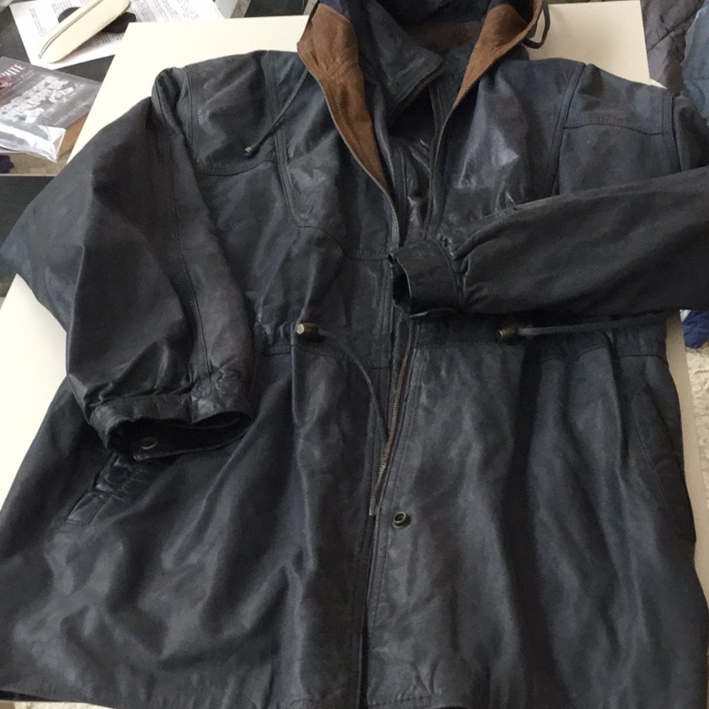 Steel Gray Leather Hooded Jacket, L - Gem